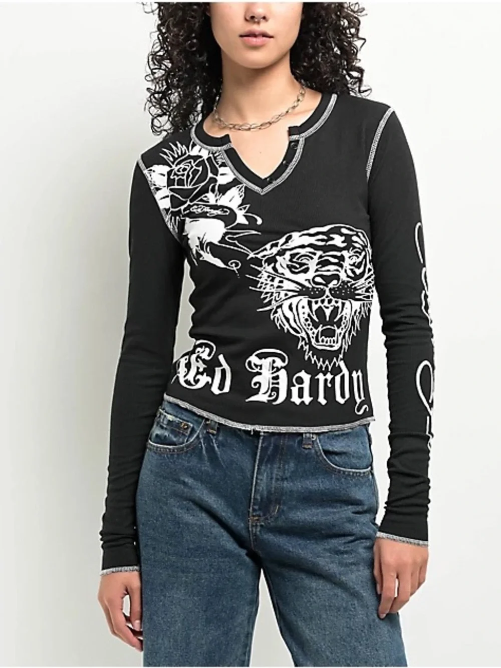 Ed Hardy | Tops | Ed Hardy Tiger Rose Black Long Sleeve Thermal Notched ...